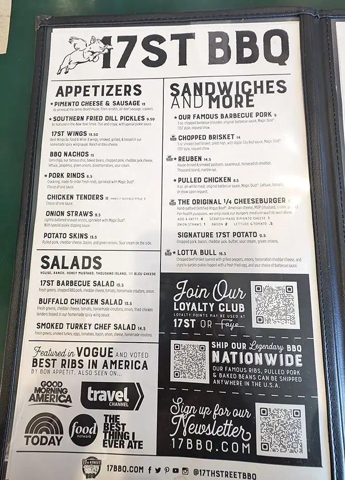 A menu that reads like poetry to meat lovers. Notice the fried pickles calling your name from the appetizer section?