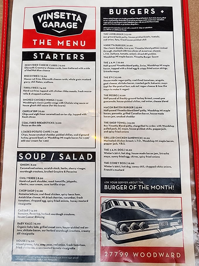 This isn't just a menu—it's a roadmap to delicious decisions and happy regrets. The hardest part about Vinsetta Garage? Choosing just one thing.