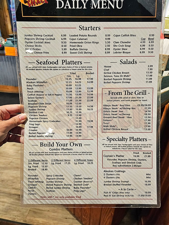 This menu isn't just a list—it's a maritime treasure map where X marks the spot for everything from flounder to frog legs.