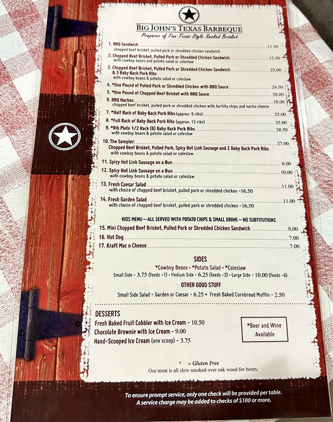 This menu isn't just a list—it's a roadmap to smoked meat nirvana. Decisions, decisions!