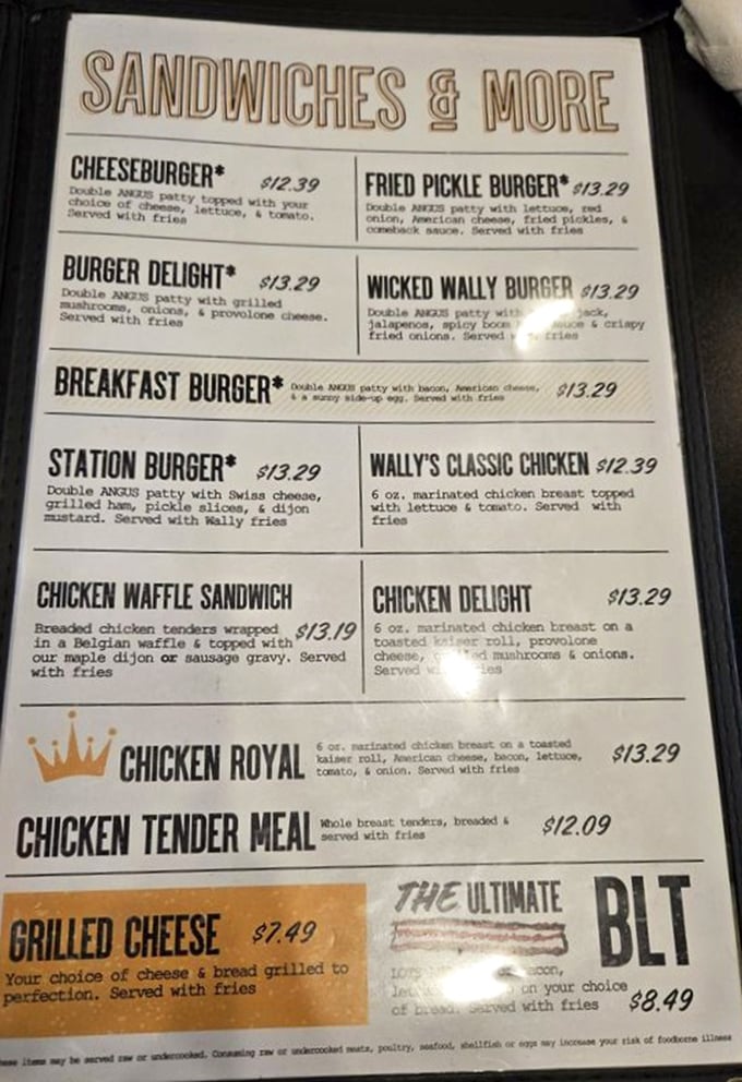 The menu reads like a love letter to comfort food – notice the "Wicked Wally Burger" that dares you to test your spice tolerance.