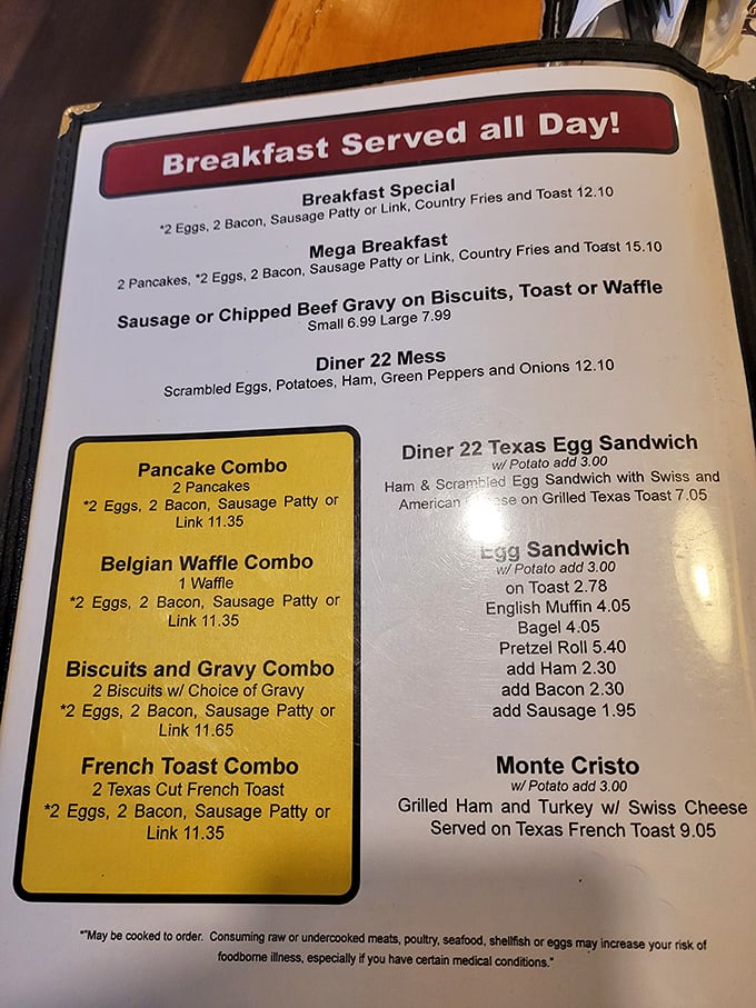 Breakfast served all day—three words that warm the soul. The menu reads like a love letter to American comfort classics, each promising satisfaction.