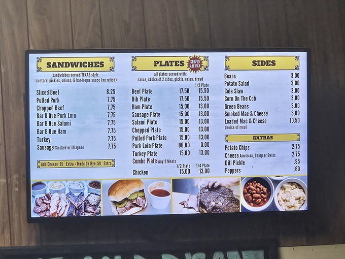 A menu that gets straight to the point—no fancy descriptions needed when the barbecue speaks such fluent delicious.