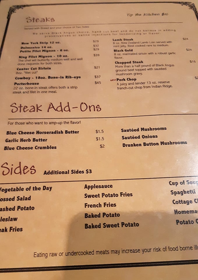 A menu that cuts right to the chase—quality Black Angus beef without fancy injections or preservatives. The steak purist's dream, presented without pretension.