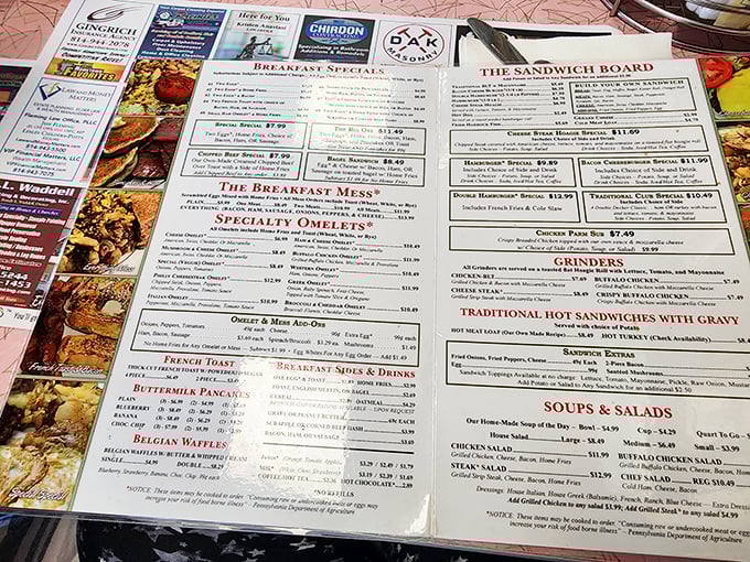A menu that requires reading glasses and decision-making skills—the breakfast section alone could feed a small nation.