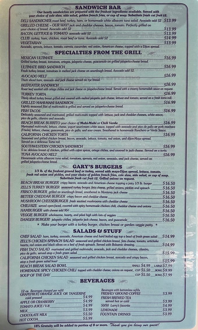 This menu isn't just a list—it's a roadmap to breakfast nirvana. The Beach Break Burrito calls to you like a siren song.