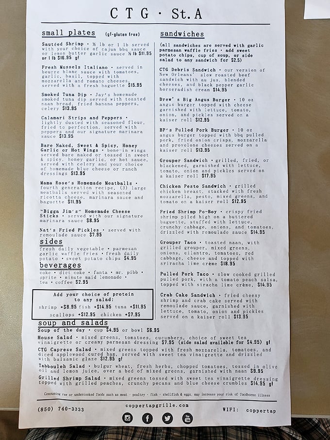 A menu that reads like a love letter to the Gulf—where deciding between the grouper tacos and smoked tuna dip might be the hardest decision you'll make all vacation.