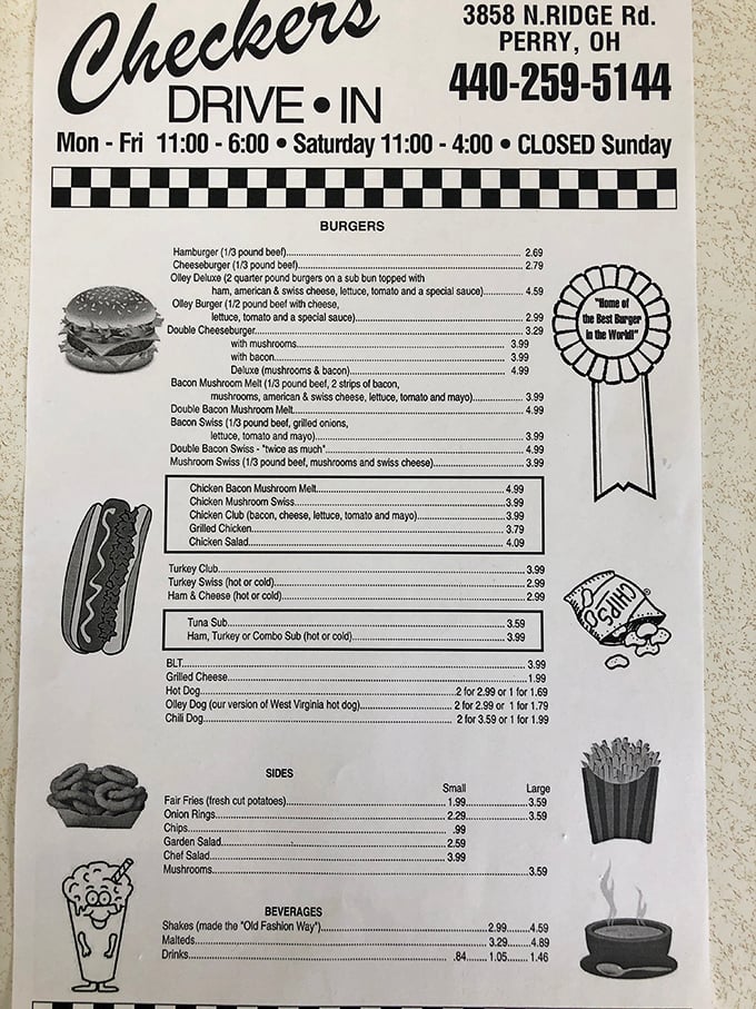 The menu proudly proclaims "Home of the Best Burger in the World"—a bold claim backed by generations of satisfied customers and empty plates.