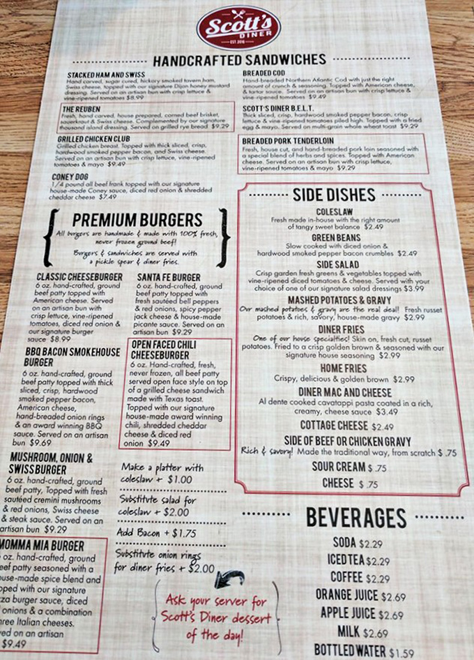 A menu that reads like a love letter to American comfort food classics. The Reuben's prominent placement is no accident—it's the star of this show.
