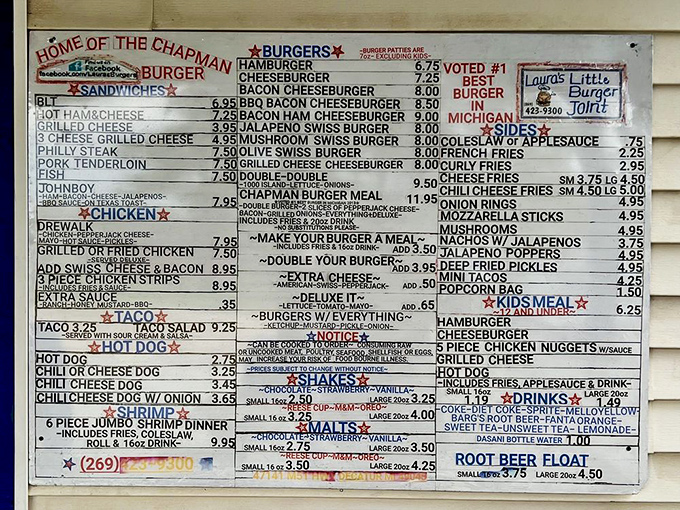 This menu board isn't just a list – it's a roadmap to happiness. The Chapman Burger isn't merely recommended; it's practically mandatory.