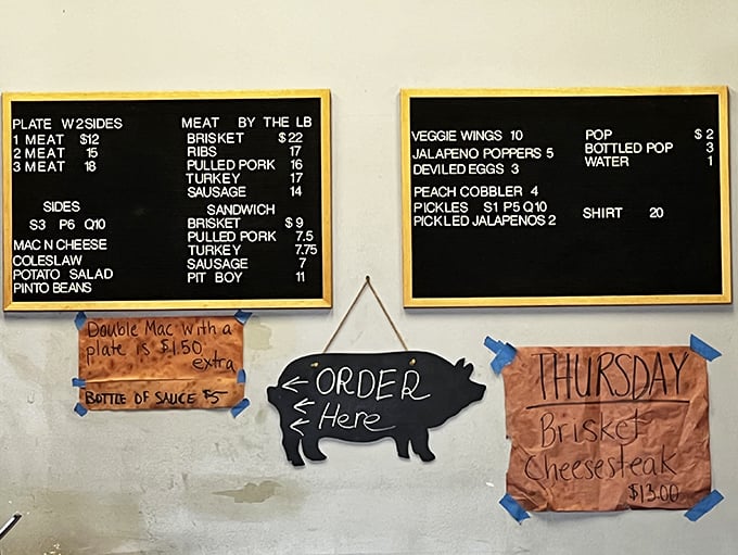 The chalkboard menu tells a delicious story with no unnecessary plot twists. Just straightforward barbecue greatness waiting to be ordered.