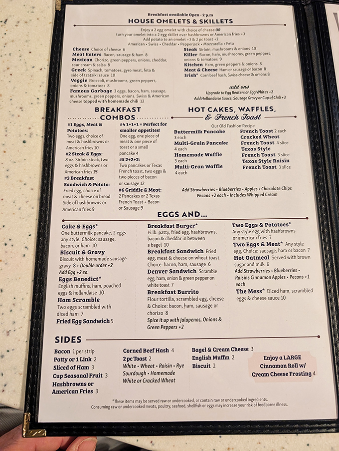 This menu isn't just a list of options – it's a roadmap to breakfast nirvana where "Garbage" is actually a compliment to an omelet.