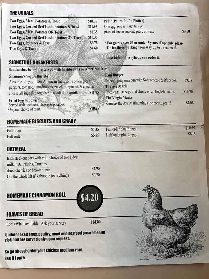 The menu at Frank's doesn't mince words—it serves up humor alongside hearty classics. That "Virgin Maria" description still makes me chuckle.