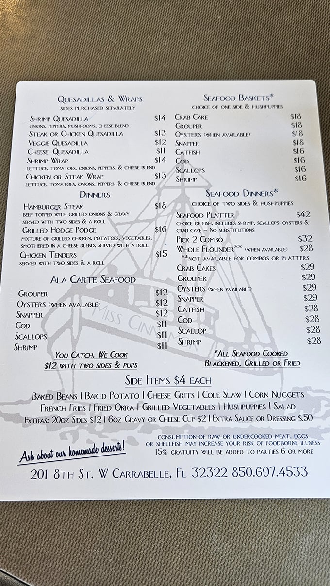 A menu that doesn't need fancy fonts or flowery descriptions—just honest seafood options that make decision-making the hardest part of your meal.