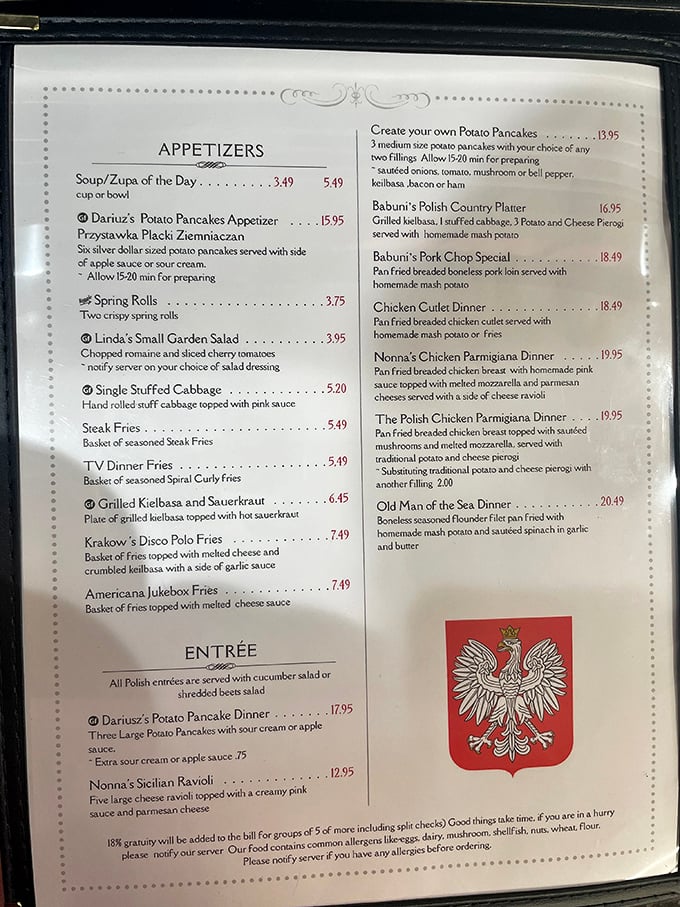 This menu isn't just a list of dishes—it's a passport to Poland. The potato pancakes alone might be worth crossing state lines for.