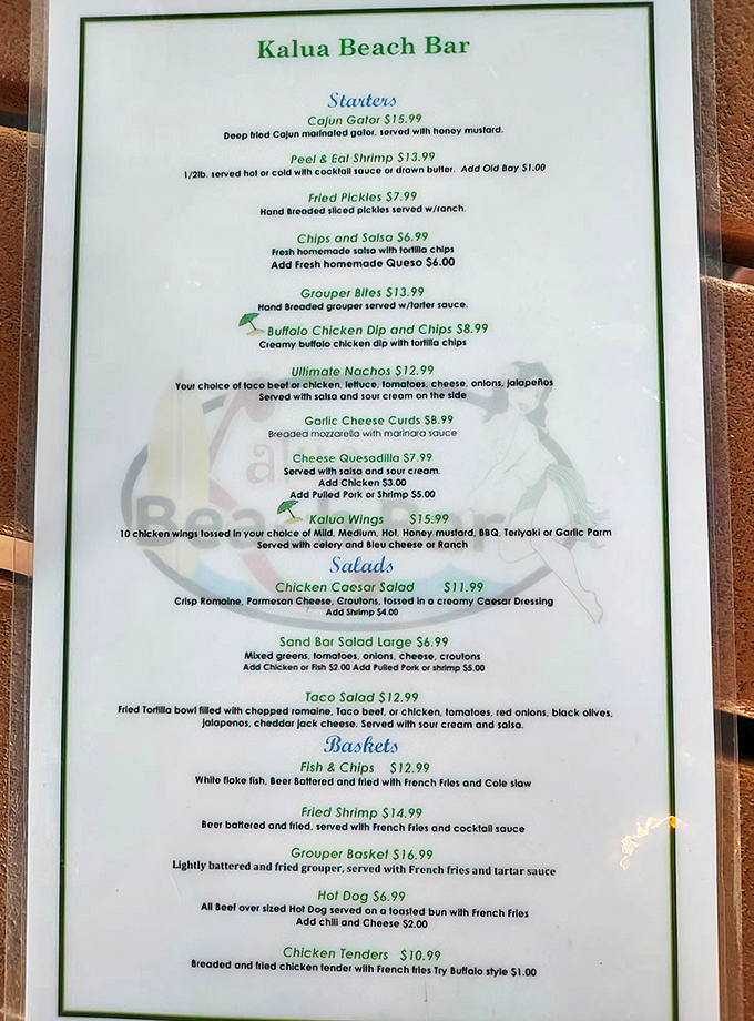 A menu that reads like a love letter to Florida seafood, where the Fish & Chips isn't just an item—it's the headliner of this culinary concert.