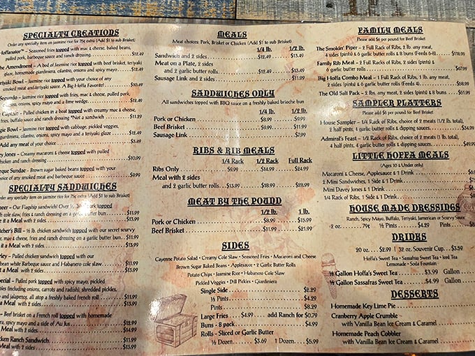 The menu reads like a love letter to smoked meat enthusiasts—each item a promise of flavor that makes decision-making deliciously difficult.