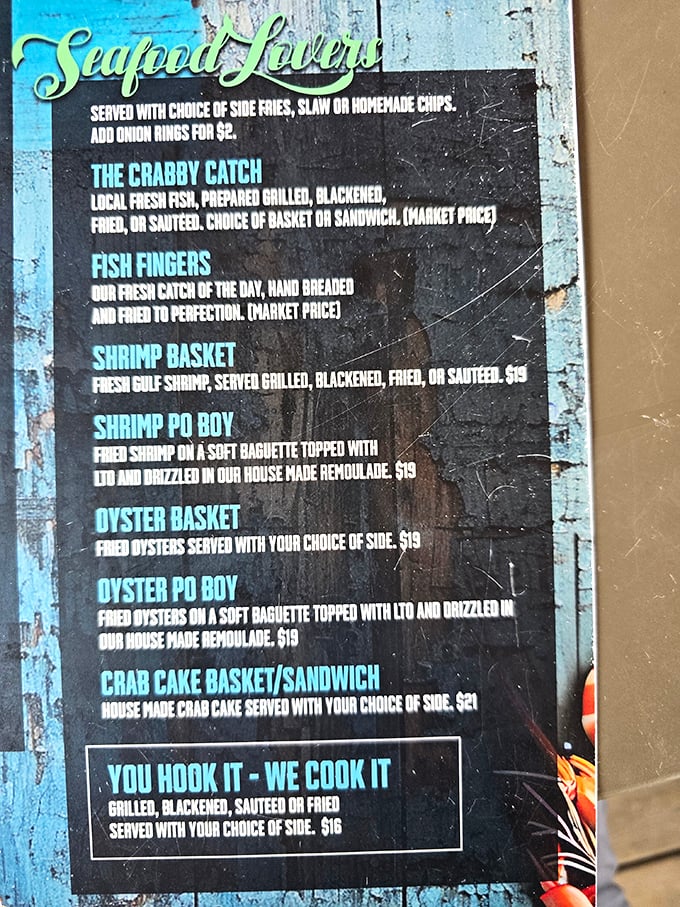 The menu reads like a love letter to the Gulf—"You hook it, we cook it" isn't just clever marketing, it's the restaurant's seafood philosophy in six perfect words.