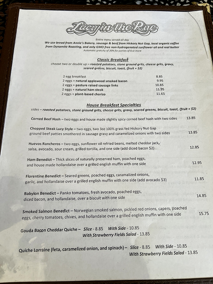 This menu isn't just a list of options—it's a manifesto of local sourcing that reads like a love letter to North Carolina's farmers and producers.