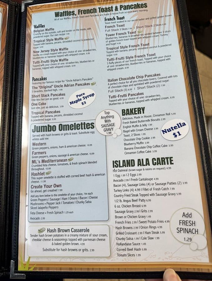 A menu that doesn't need fancy fonts or pretentious descriptions—just honest breakfast classics that have stood the test of time.