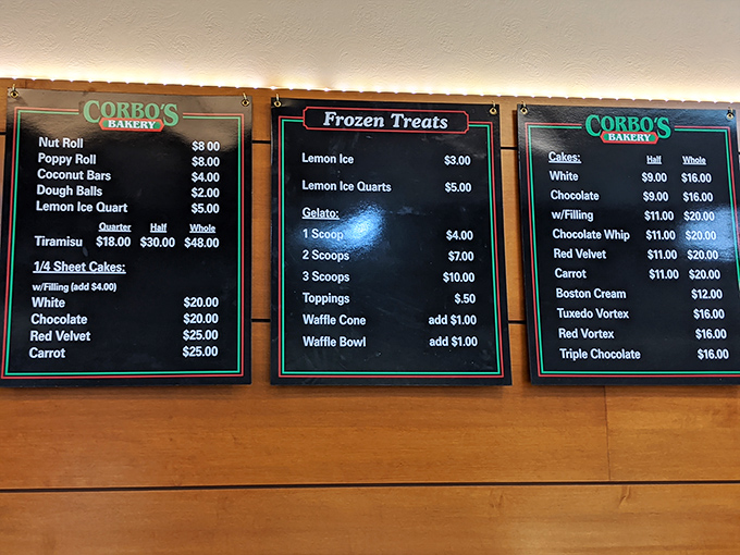 The menu board reads like a love letter to Italian pastry traditions. Tiramisu, cannoli, and cassata cake compete for your attention and stomach real estate.