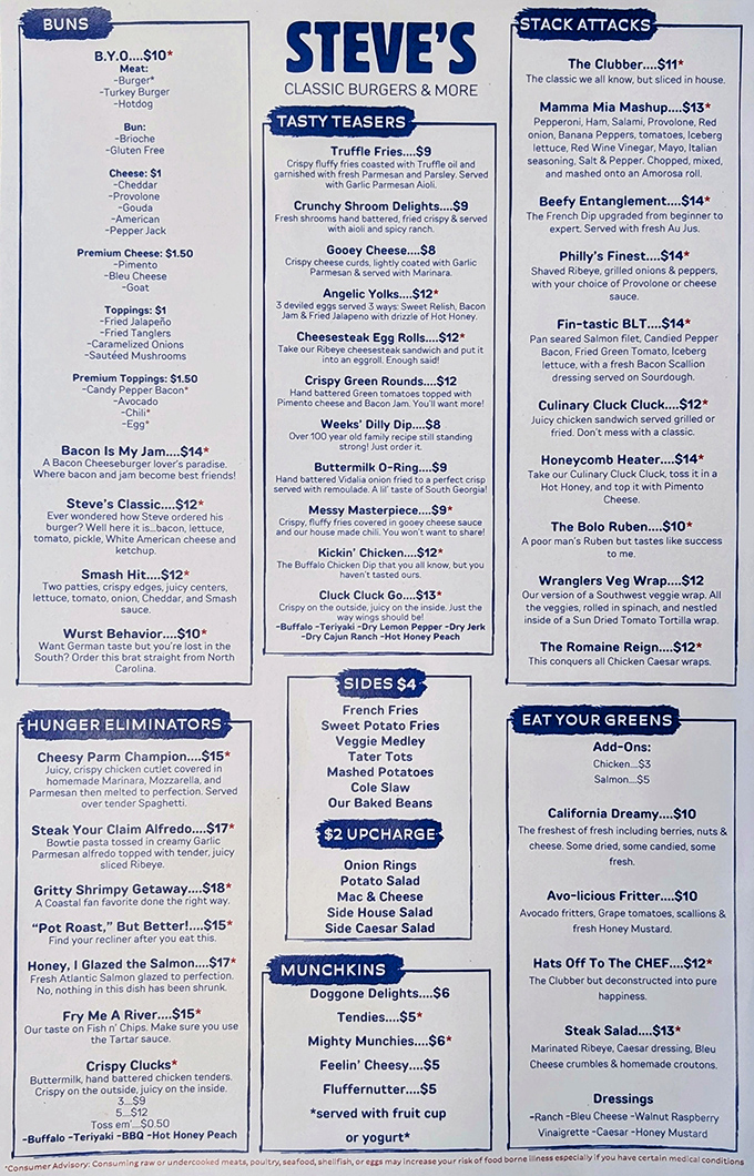 This menu reads like a love letter to comfort food. "Bacon Is My Jam" isn't just clever wordplay—it's a solemn promise.