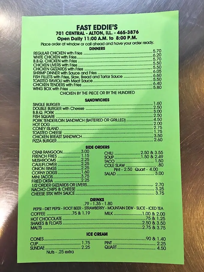 This green menu reads like poetry for fried food lovers, offering everything from gizzards to malts.
