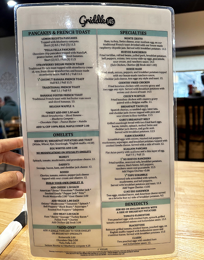 This menu isn't just a list of options—it's a roadmap to breakfast nirvana with Benedict pathways and pancake detours.
