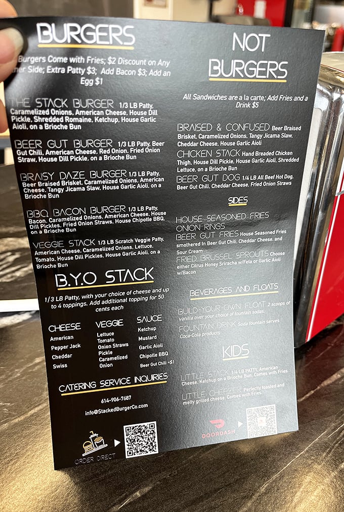 This menu isn't just a list—it's a roadmap to burger nirvana with clever names that promise flavor adventures.