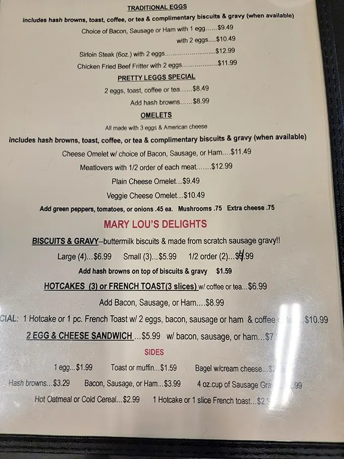 The menu at Mary Lou's reads like a love letter to breakfast classics. When "biscuits & gravy" gets its own special section, you know you're in the right place.