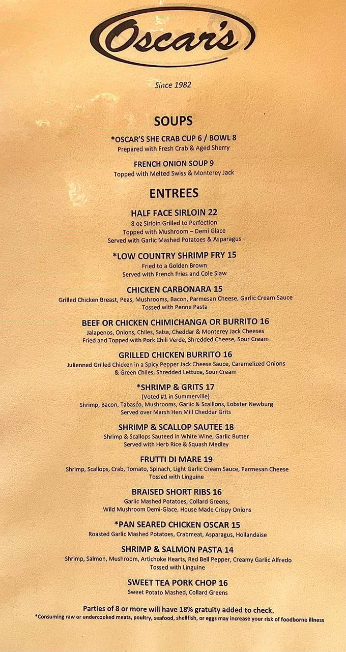 This menu isn't just a list of dishes—it's a love letter to Lowcountry cuisine with international flair. The She Crab Soup alone is worth the drive.