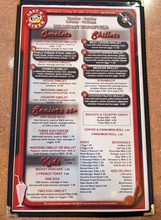 This menu isn't just a list of food—it's a roadmap to happiness with breakfast served all day because pancakes know no clock.