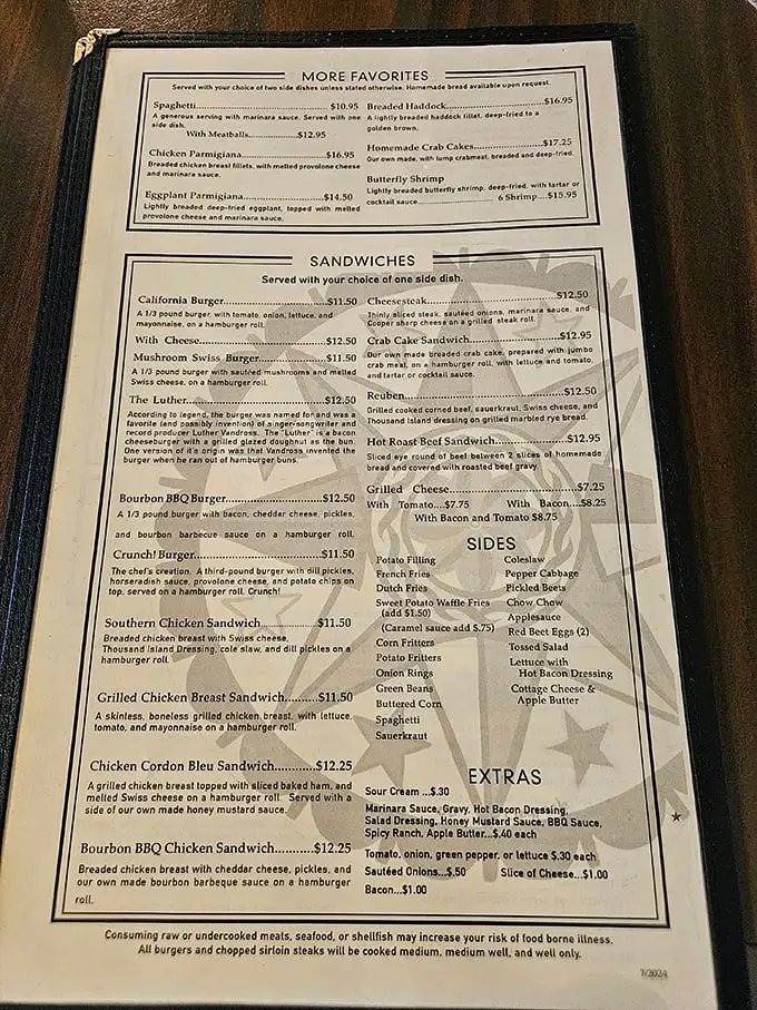 The menu reads like a love letter to hearty, unpretentious fare – where burgers share space with Pennsylvania Dutch classics in perfect culinary harmony.
