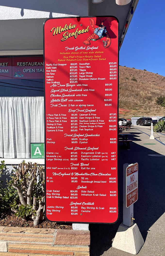 The legendary red menu board—a siren song of seafood possibilities. Study it carefully; life-changing decisions are about to be made.
