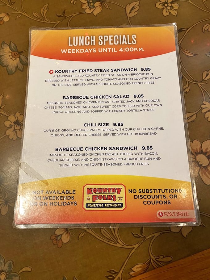 The lunch specials menu reads like a love letter to comfort food classics. That Kountry Fried Steak Sandwich is calling your name!