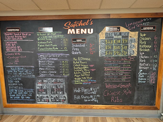 A chalkboard menu that cuts right to the chase: meat by the pound, plates, and sides. No flowery descriptions needed when the food speaks volumes.