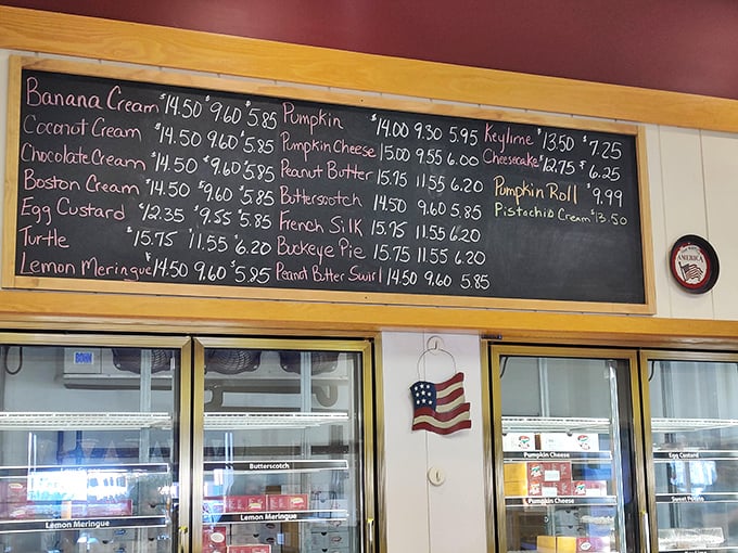 The chalkboard menu reads like poetry for dessert lovers—from banana cream to French silk, each option more tempting than the last.