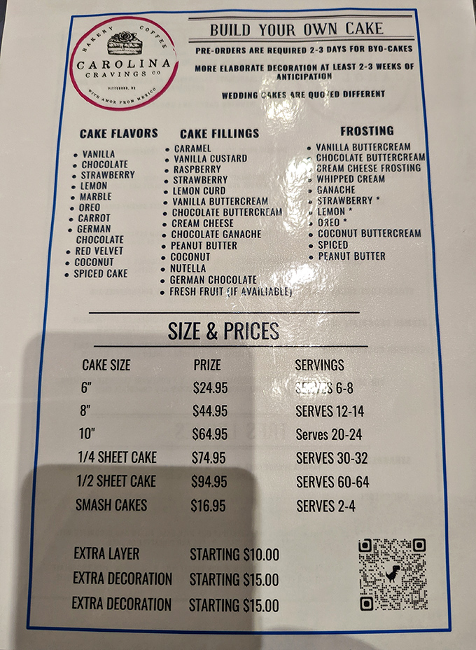 The build-your-own cake menu reads like a choose-your-own-adventure novel where every ending is deliciously happy.