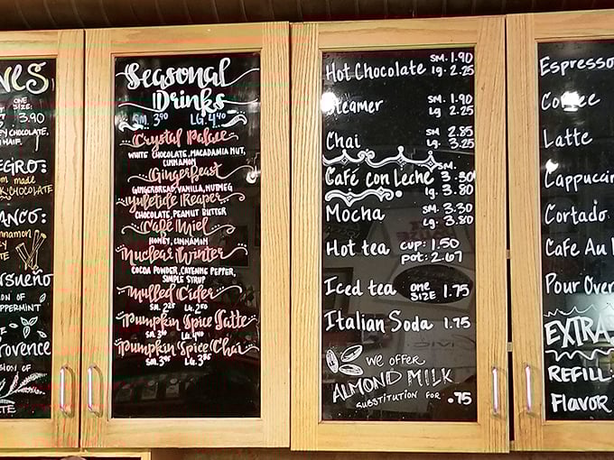 Chalkboard menus that read like poetry – "Crystal Palace" and "Campfire" aren't just drinks, they're liquid adventures waiting to happen.
