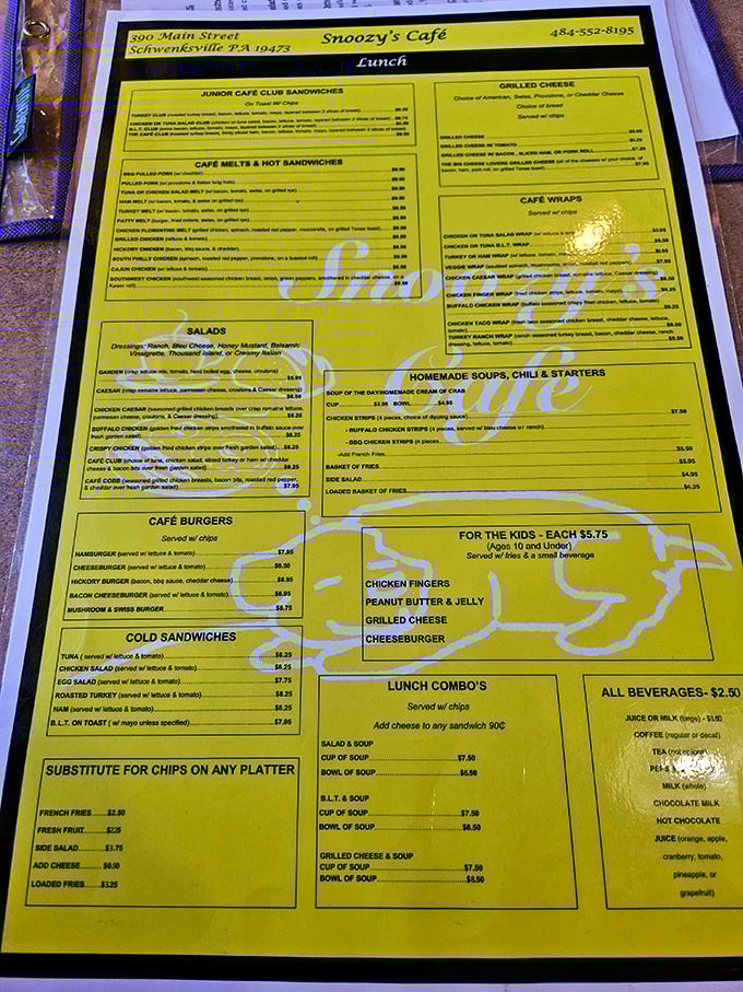 The yellow menu reads like a love letter to comfort food classics. No molecular gastronomy here, just the promise of dishes that understand exactly what you want.