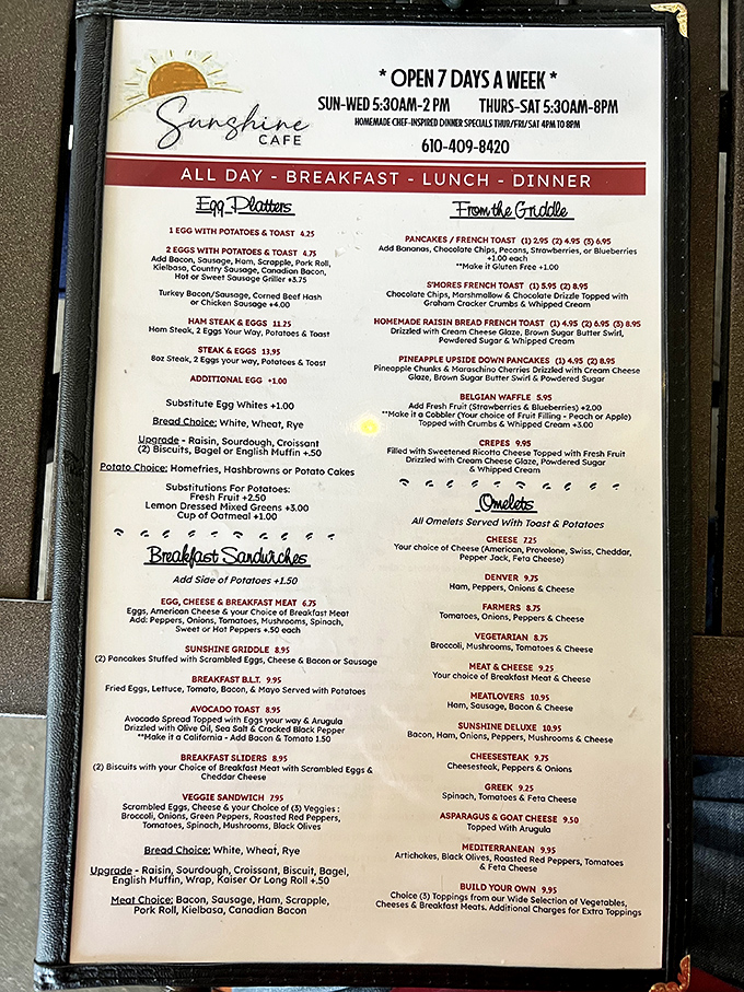 A menu that reads like comfort food poetry. Breakfast platters, griddle specialties, and omelets that make decision-making the hardest part of your morning.