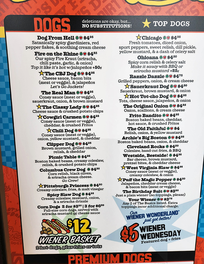 The menu reads like hot dog poetry—each creation more audacious than the last, from "Dog From Hell" to the hometown pride "Columbus Crew Dog."