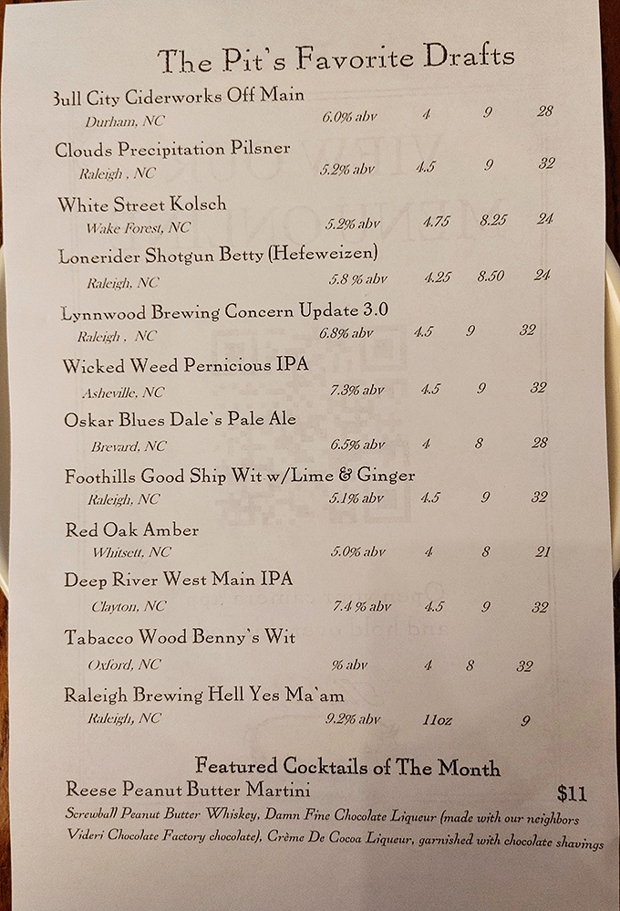 The beer list reads like a love letter to North Carolina craft brewing, with local favorites from Raleigh to Asheville ready to wash down that barbecue.