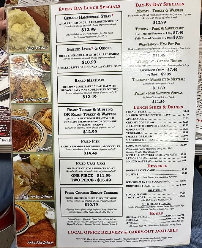 This menu isn't just a list of food—it's a roadmap to happiness. Tuesday's pork and sauerkraut special alone is worth rearranging your week for.