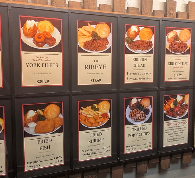 The menu board at York is a carnivore's dream come true, displaying photographic evidence of what awaits your taste buds. No fancy descriptions needed when the food speaks for itself.