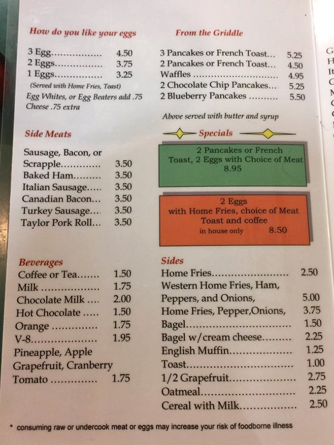 A menu that hasn't surrendered to food trends or fancy descriptions—just honest breakfast classics at prices that won't make your wallet weep.