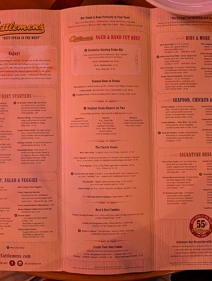 The menu doesn't need fancy fonts or pretentious descriptions—it proudly proclaims "Best Steak in the West" because when you've got it, flaunt it.