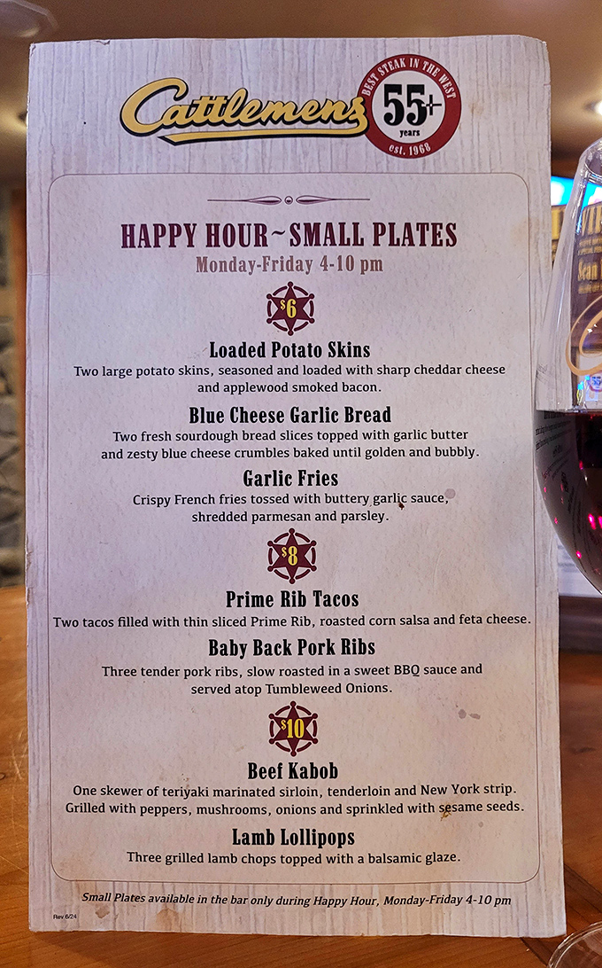 The happy hour menu reads like a carnivore's love letter—loaded potato skins and prime rib tacos are just appetizers for the main event.
