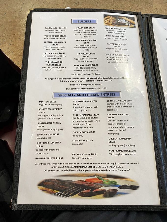 This isn't just a menu; it's a roadmap to happiness. The burger section alone requires strategic planning and an empty stomach.
