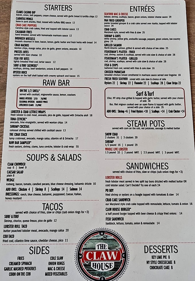 This menu isn't just a list of dishes—it's a maritime treasure map where X marks the spot for lobster rolls and steam pots.